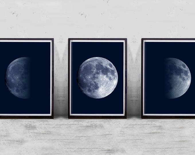 Moon Prints Set Lunar Phases Navy Wall Art Coastal Decor Constellations ...