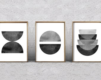 Abstract Wall Art Circle Watercolor Prints Set of 3 Black and - Etsy