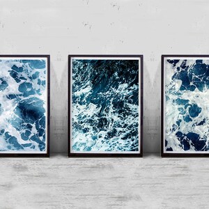 Ocean Waves Prints Set of 3 Sea Foam Minimalist Poster Blue Wall Art ...