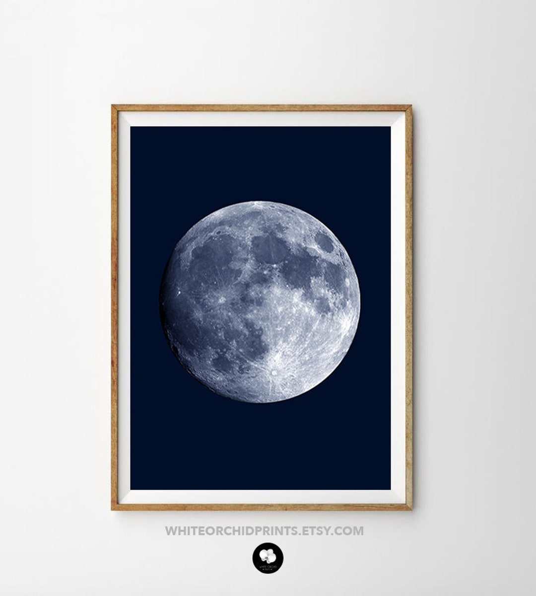 Navy Blue Moon Print, Blue White Home Decor, Night Sky, La Luna ...