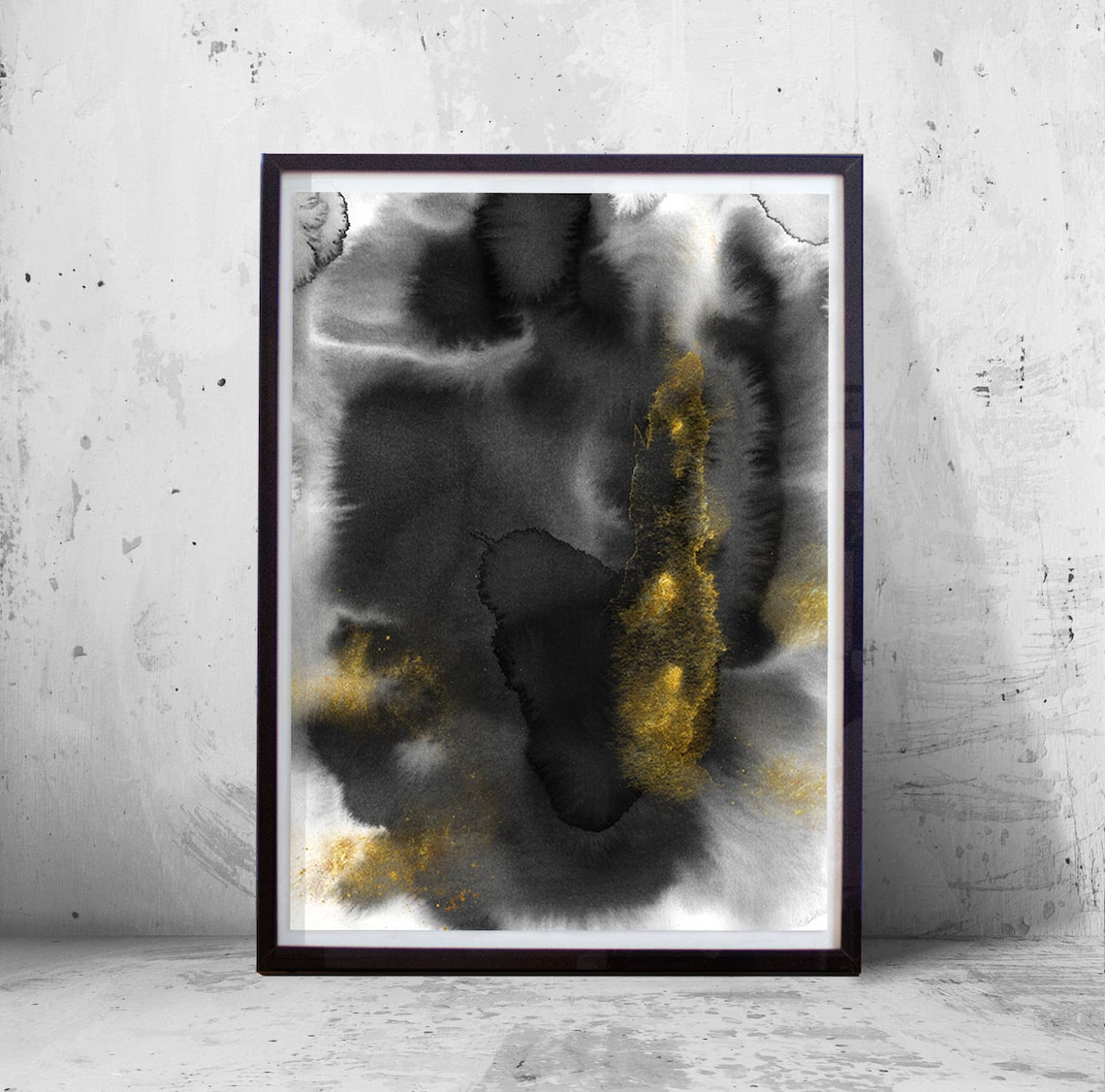 Black and Gold Abstract Art Print Watercolor Painting | Etsy