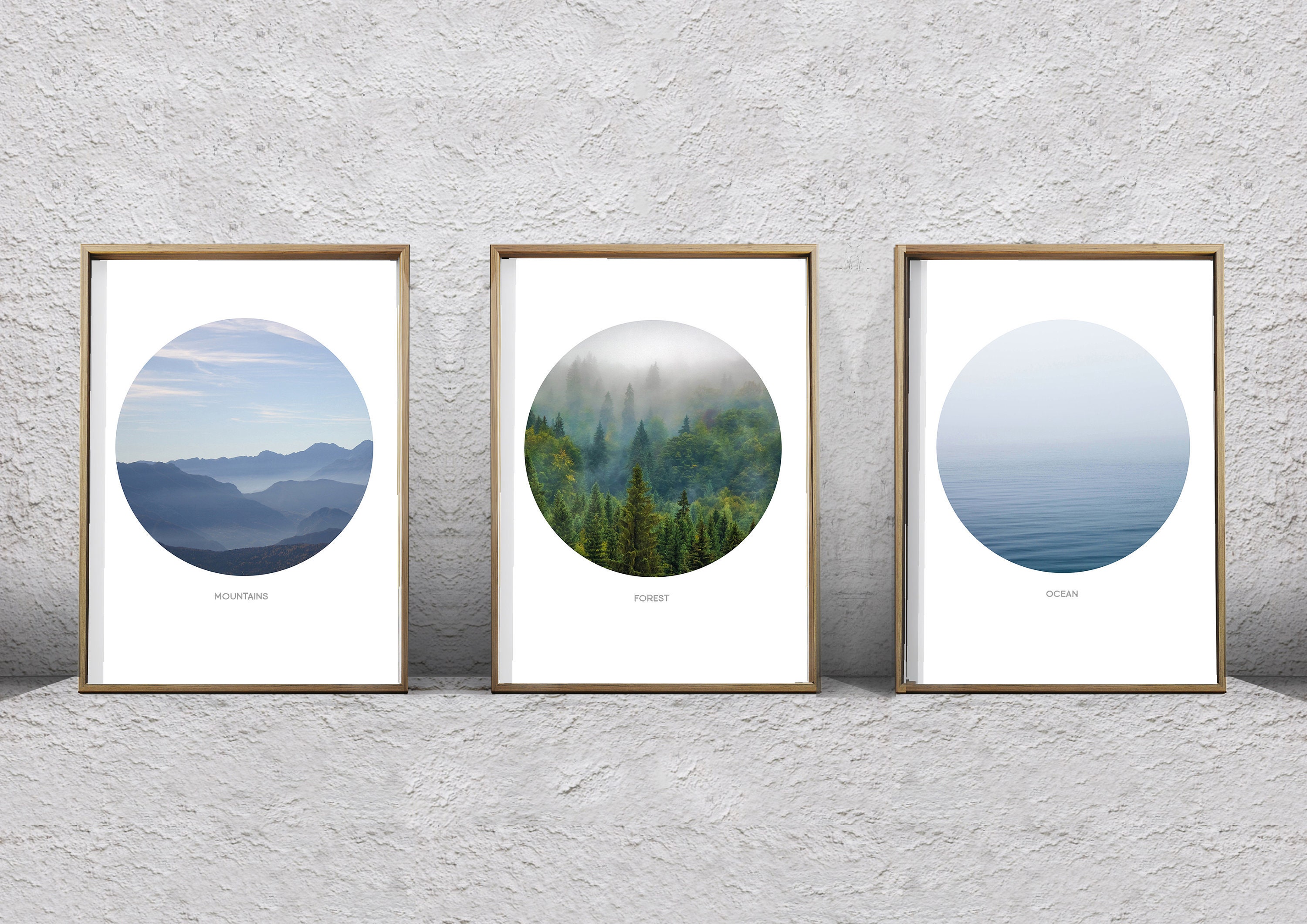 Set of 3 Nature Circle Prints, Mountains Forest Ocean Sea, Landscape ...