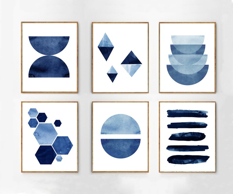 Abstract Watercolor Prints Set Blue Wall Art Geometric - Etsy