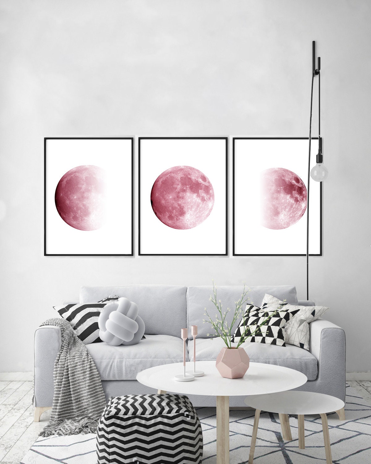 Pink Moon Prints Set Moon Phases Wall Art Blush Pink Art - Etsy