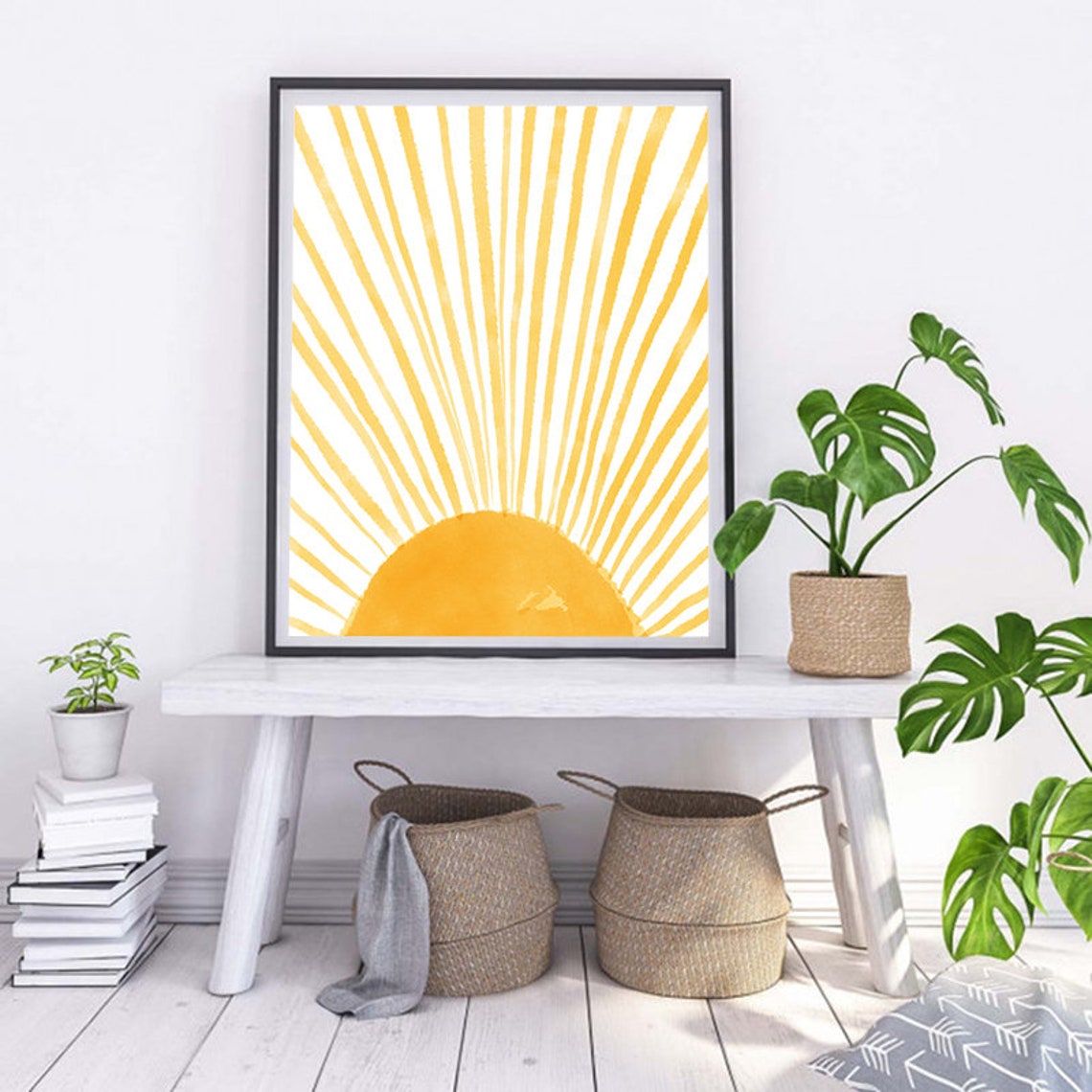 Yellow Sun Print Watercolor Painting Minimalist Art Modern - Etsy