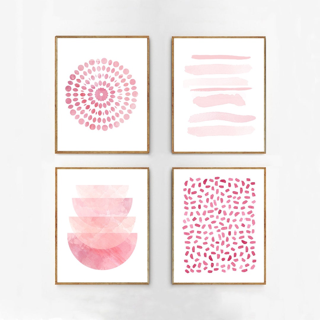 Pink Art Prints Set of 4 Wall Art Abstract Watercolor Paintings Dots ...