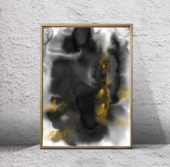 Black and Gold Abstract Art Print Watercolor Painting | Etsy