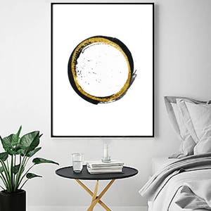 Abstract Art Print Circle Watercolor Painting Black Gold Zen Minimalist ...