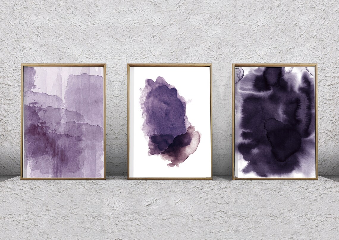 Large Wall Art Abstract Watercolor Paintings Prints Set of 3 Lilac ...