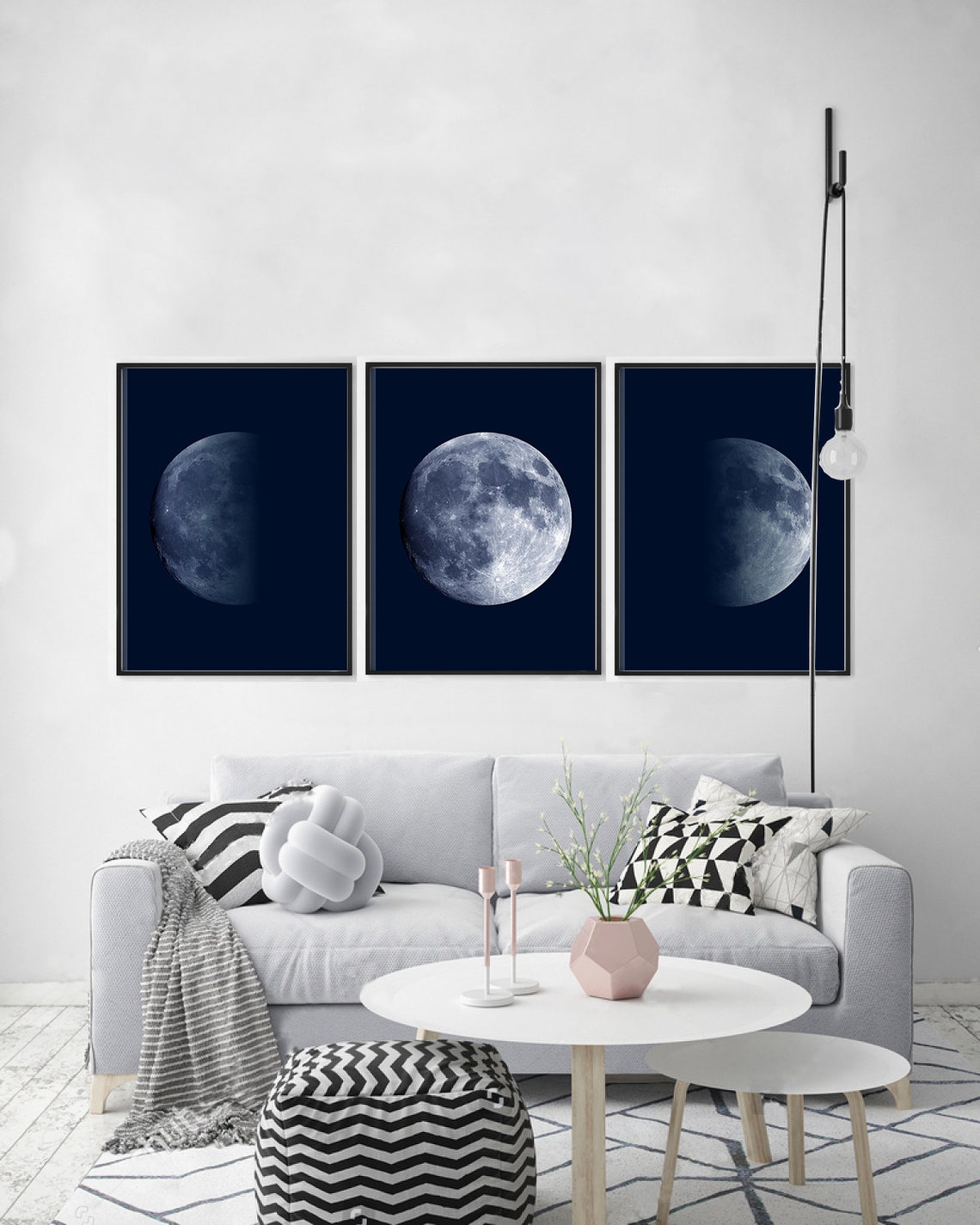 Moon Phases Print Set of 3 Navy Blue Wall art Night Sky | Etsy