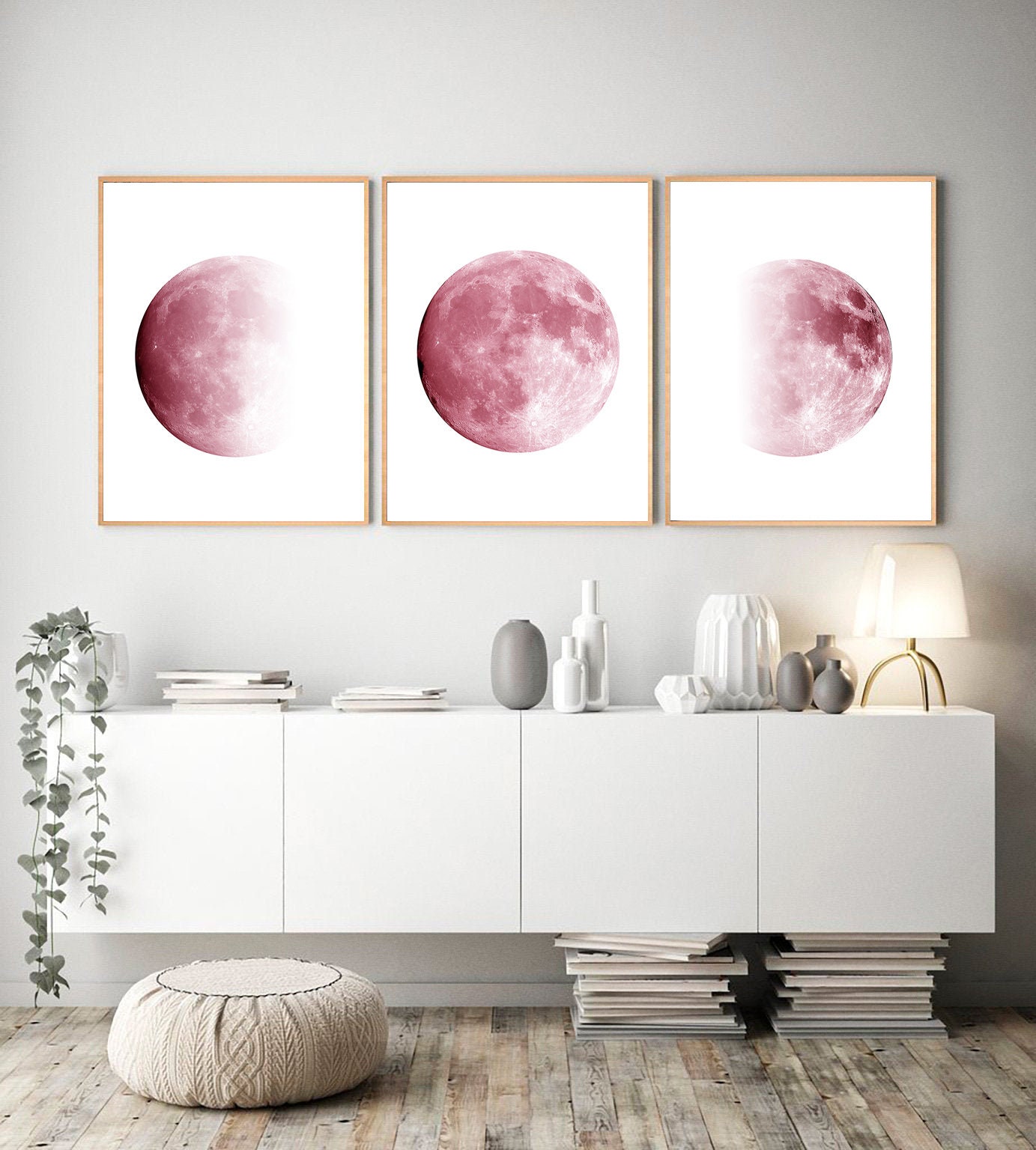Pink Moon Prints Set Moon Phases Wall Art Blush Pink Art - Etsy