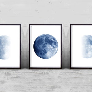 Moon Art Prints Set, Blue Wall Art Moon Phases Lunar Posters Set of 3 ...