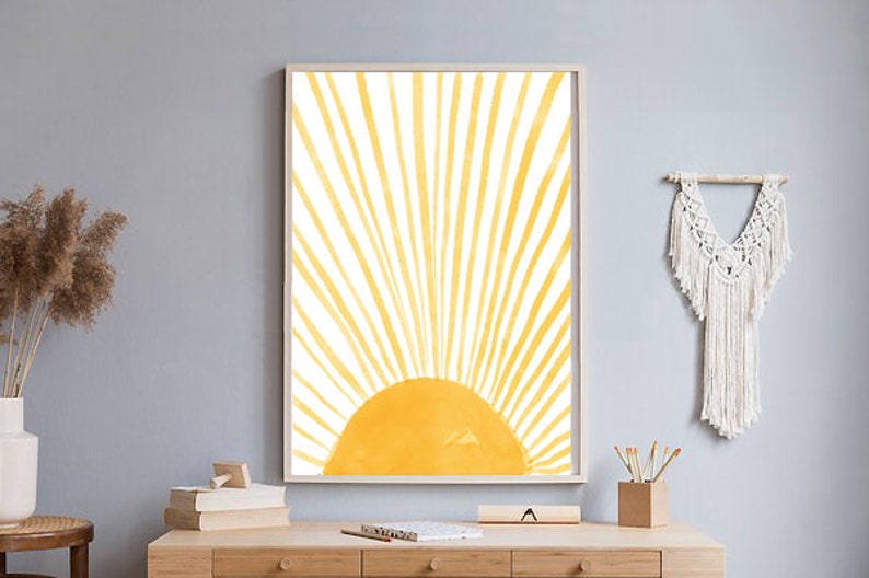 Yellow Sun Print Watercolor Painting Minimalist Art Modern | Etsy