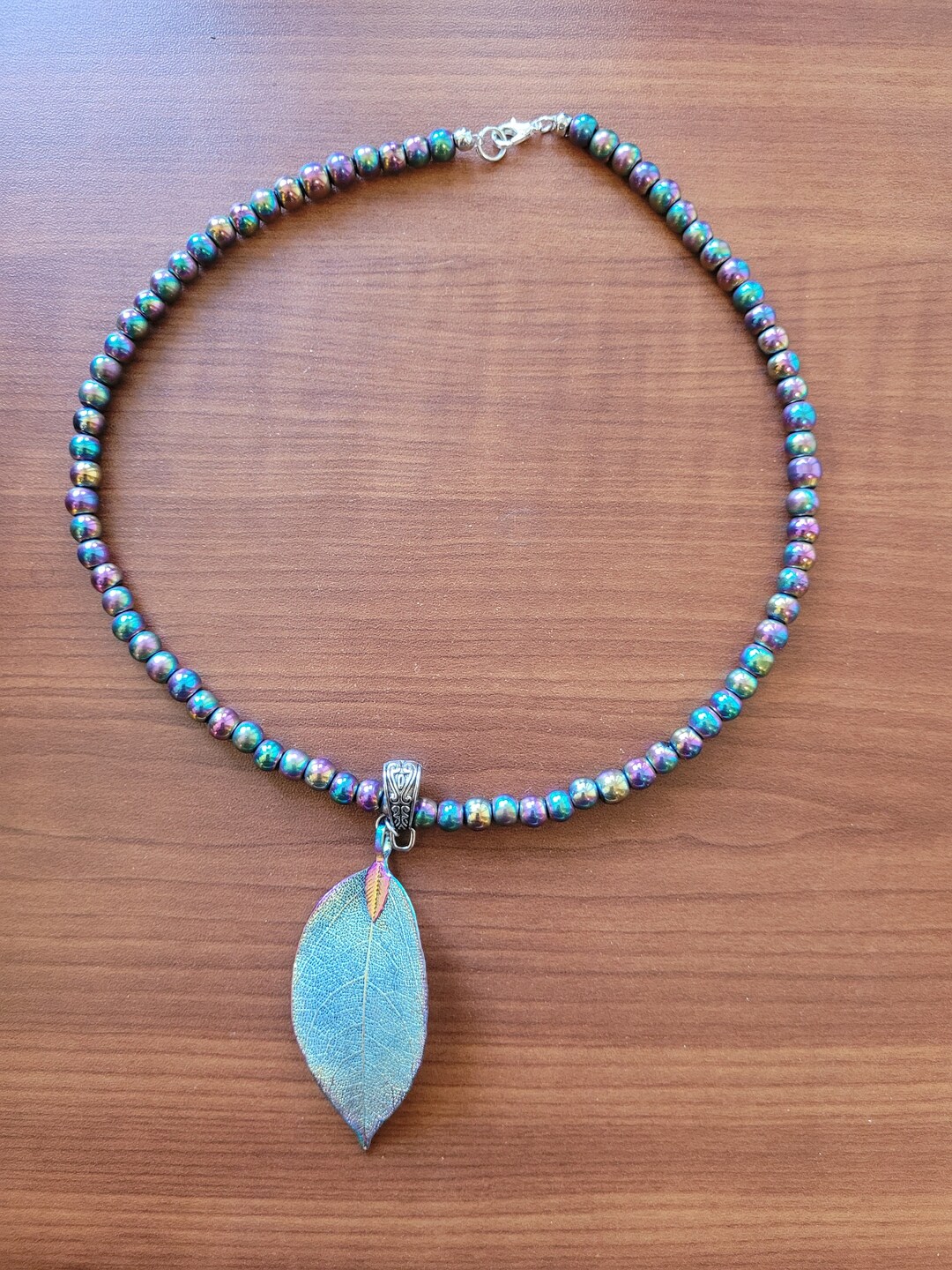 Boho Chic Electroplated Real Leaf Choker Necklace Aura Glass Bead ...