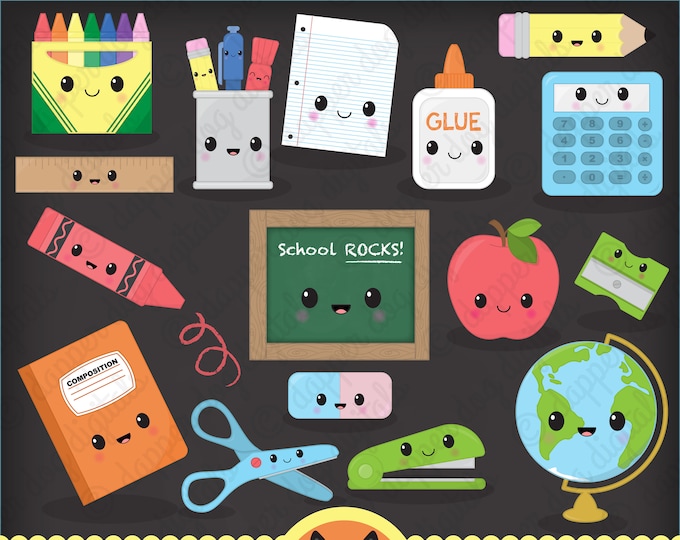 Kawaii School Supplies Clipart Pack - Commercial Use, Vector Images ...