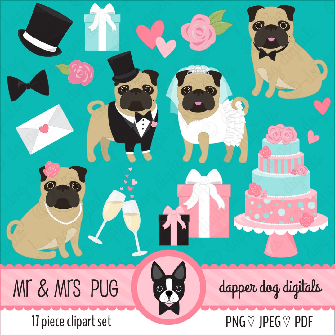 Pug Clipart Wedding Set Bride and Groom Pack Commercial Use, Vector ...
