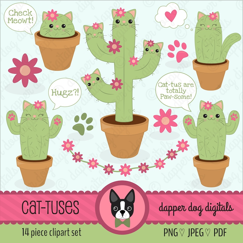 Cactus Cat Clipart Set Commercial Use Vector Images - Etsy
