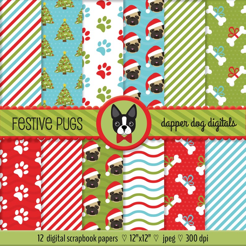Christmas Pug Digital Paper Pack Commercial Use, Scrapbook Papers - Etsy