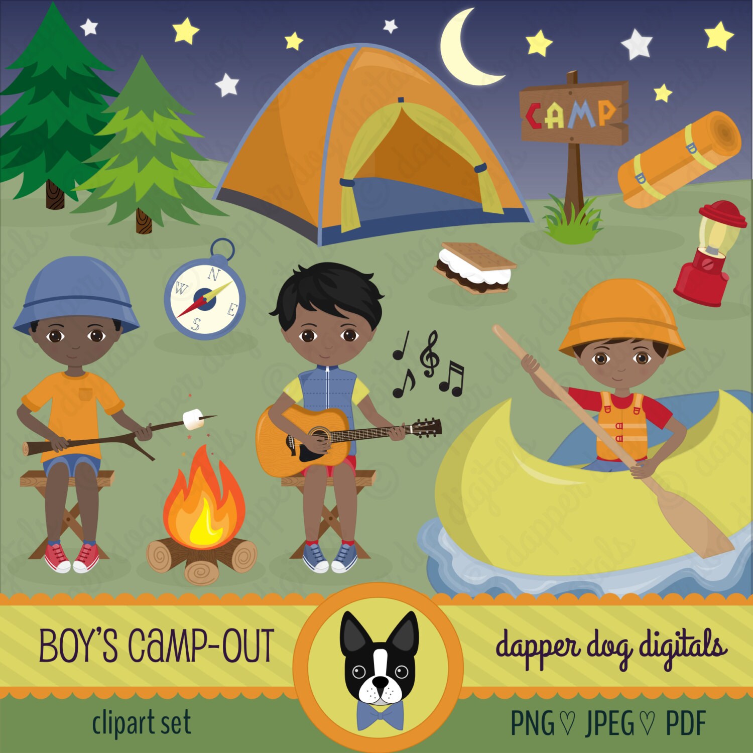 Boys Camping Clipart Pack Dark Skintone Commercial Use, Vector Images ...