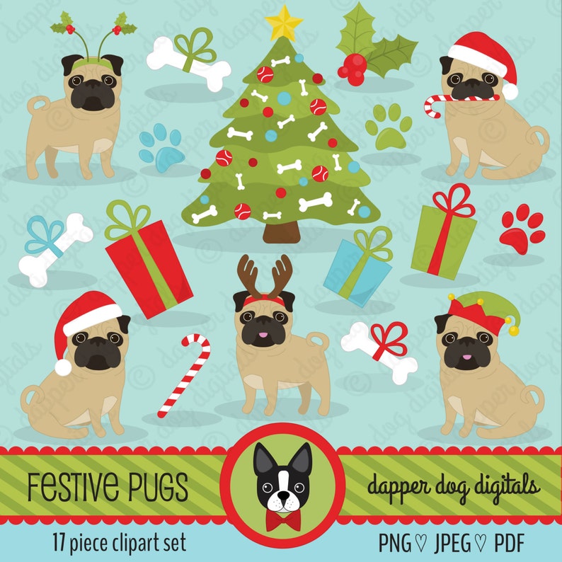 Christmas Pug Clipart Pack Commercial Use, Vector Images, Digital Clip ...