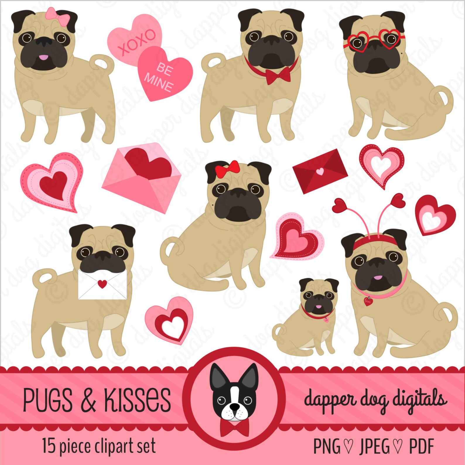 Pug Clipart Set Valentine's Commercial Use, Vector Images, Digital Clip ...