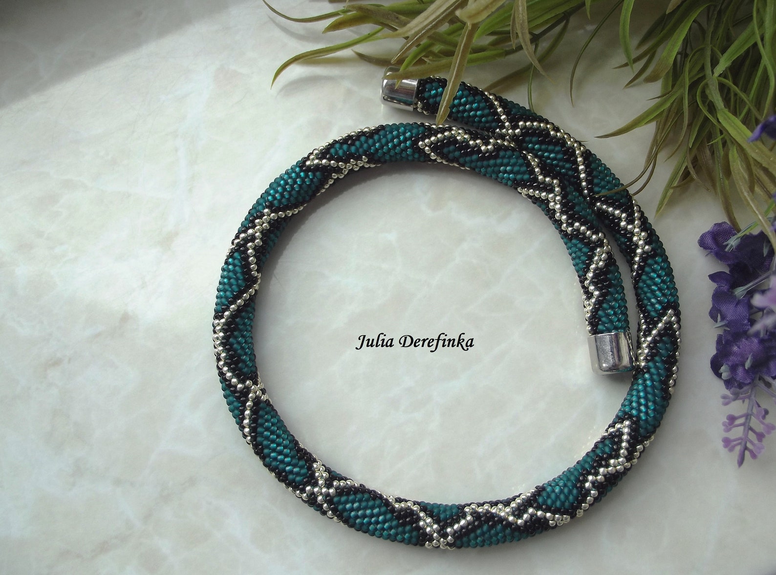 Teal green Snake necklace Python skin bead crochet rope | Etsy