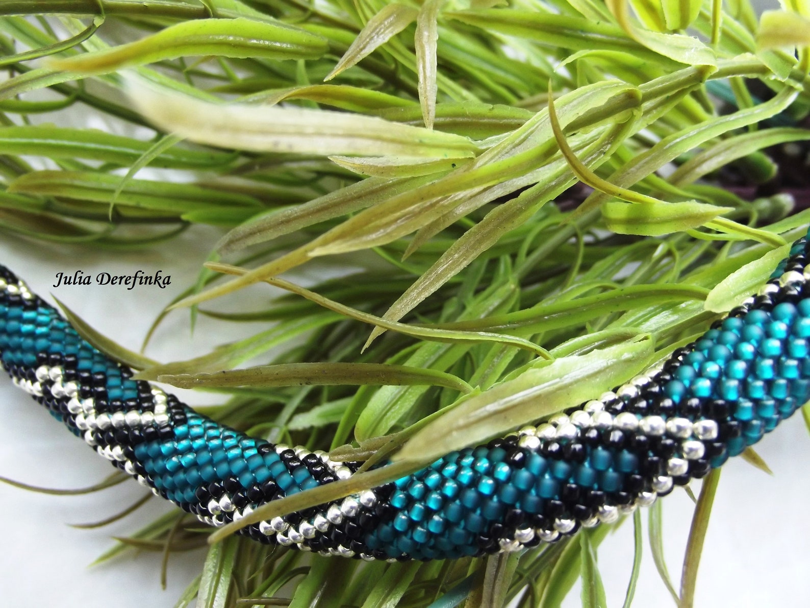 Teal green Snake necklace Python skin bead crochet rope | Etsy