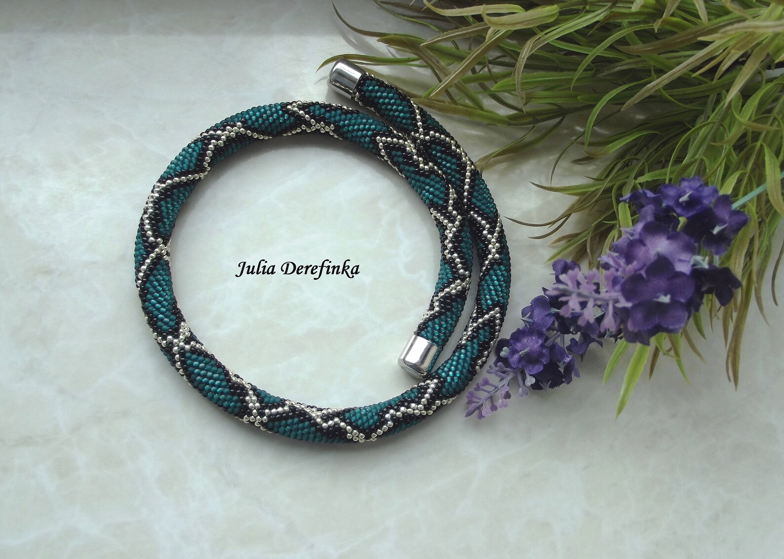 Teal green Snake necklace Python skin bead crochet rope | Etsy