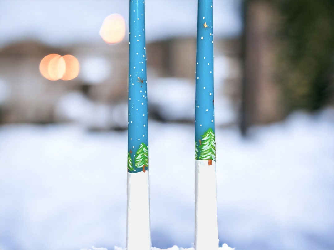 Christmas Snow Taper Candles Hand-painted Pair - Etsy