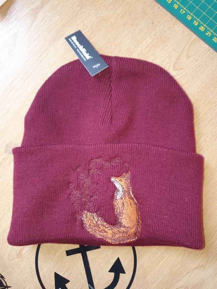 Floral fox winter embroidered beanie hat | Etsy