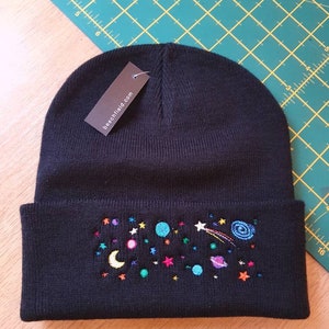 Galactic Space Celestial Winter Embroidered Black Bobble / Beanie Hat ...