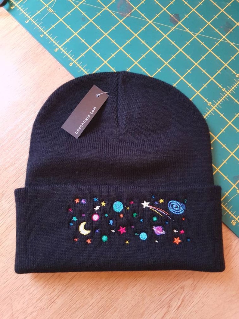 Embroidered Space Beanie: Galactic Bobble Hat, Cosmic Winter Wear - Etsy