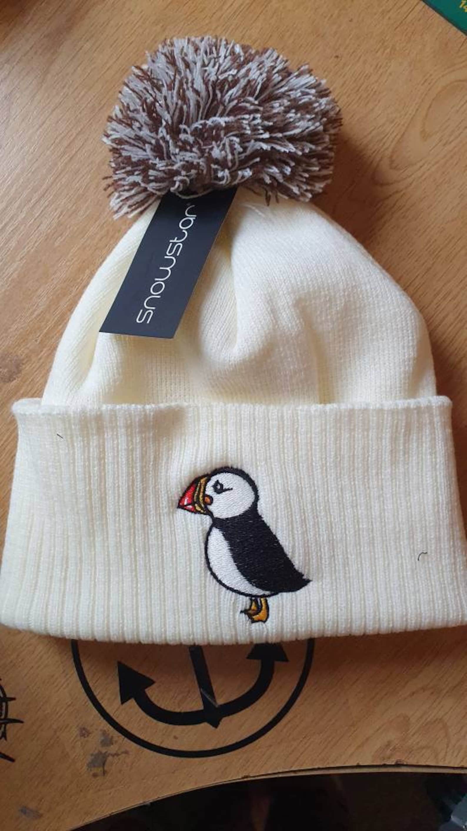 Cute Embroidered Puffin Winter Bobble Beanie Hat | Etsy