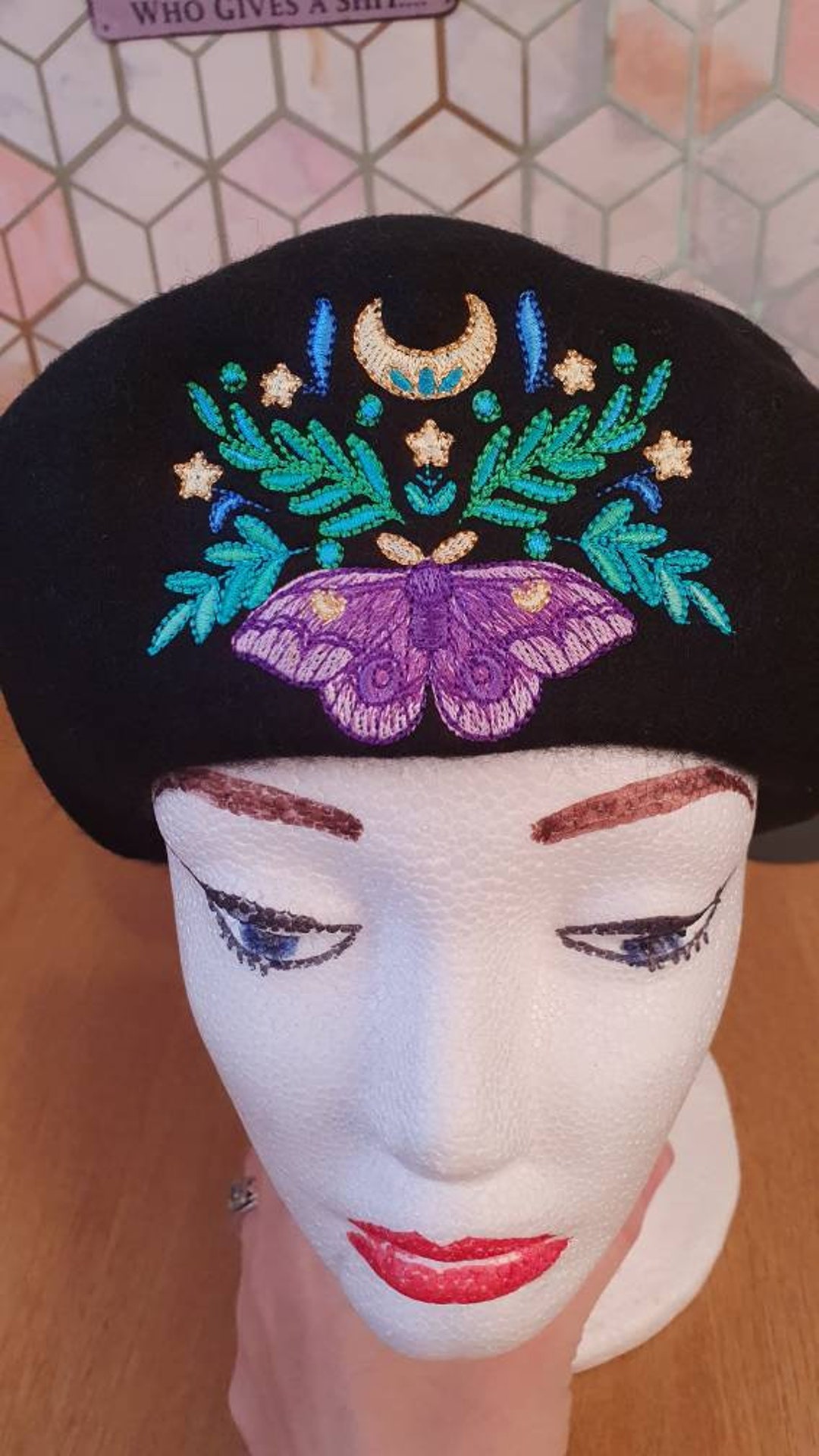 Embroidered Lunar Moth Black Wool Beret: Metallic Celestial Hat - Etsy