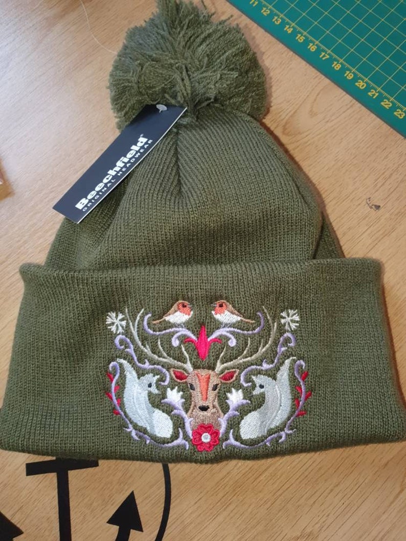 Stag and Wolves Woodland Crest Embroidered Bobble Hat Nordic Style ...