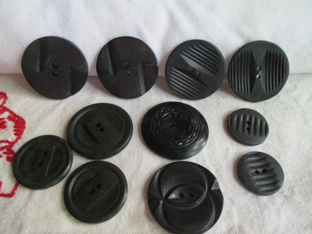 11 Art Deco Black Bakelite Buttons, Assorted Sizes, Shapes, Some Sets ...