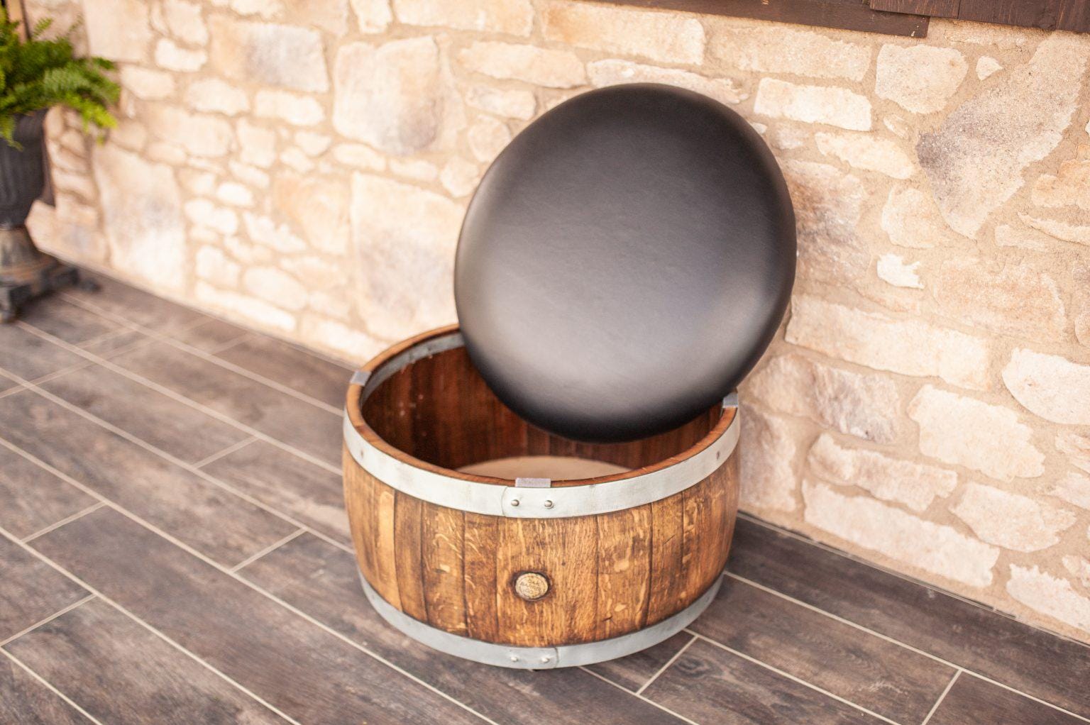 Wooden Wine Barrel Ottoman Chair, Leather/vegan Leather Seat, Reclaimed ...