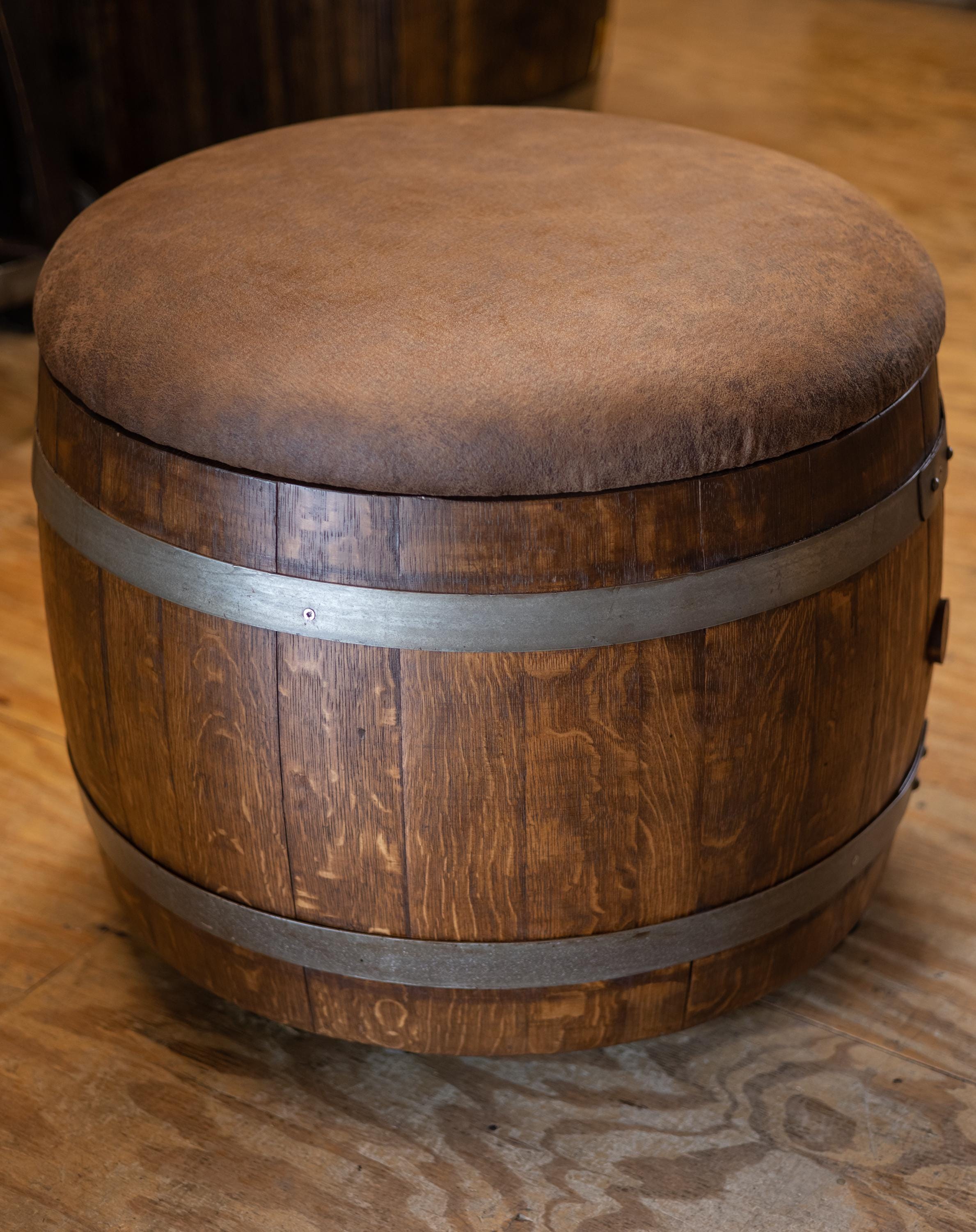 Wooden Wine Barrel Ottoman Chair, Leather/vegan Leather Seat, Reclaimed ...