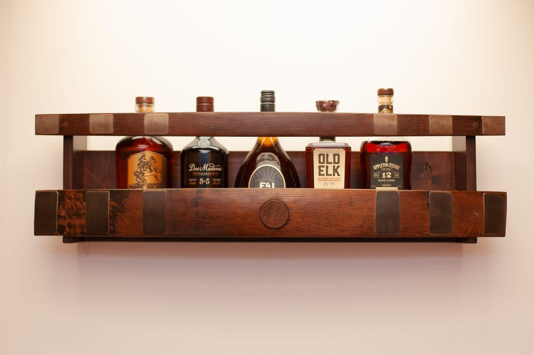 Wooden Floating Bourbon Whiskey Shelf | Barrel Stave Display ...