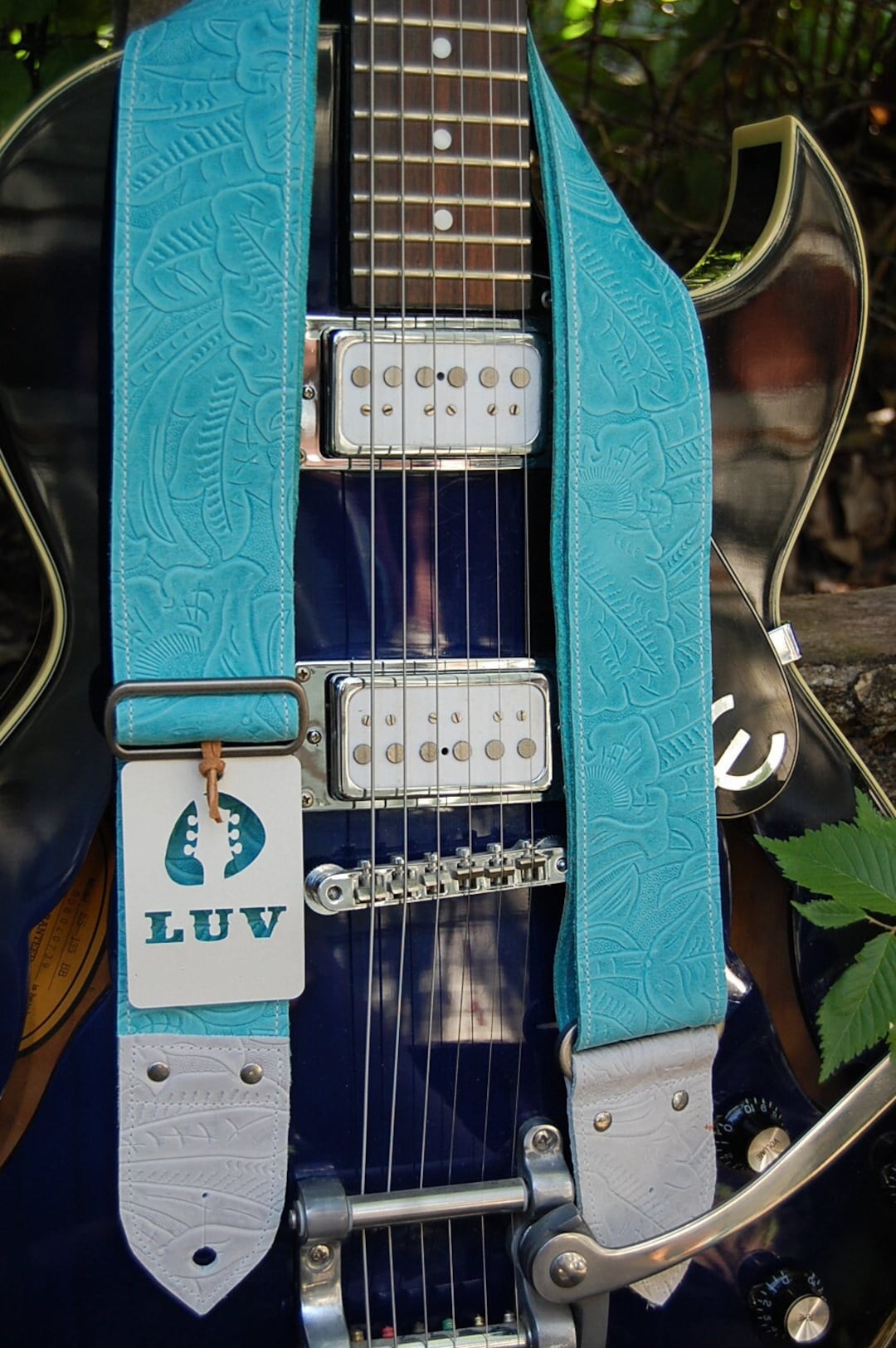 Vintage Style Slide Buckle Turquoise Leather Guitar Strap - Turquoise ...