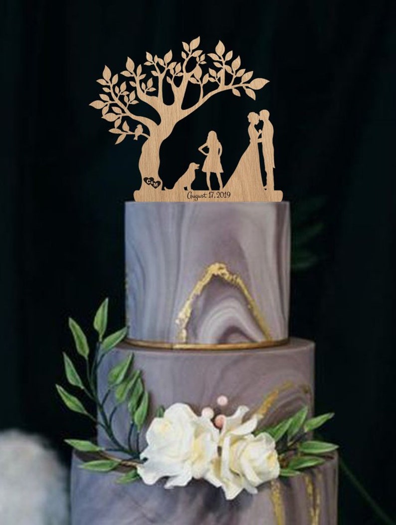 Family Wedding Cake Topper Silhouette Couple with Dog Girl | Etsy