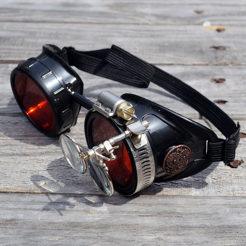 Black Steampunk Goggles With Red Lenses and Magnifying Loupes | Etsy