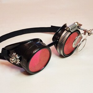 STEAMPUNK GOGGLES Black With Pink Lenses Silver Accents and Magnifying ...