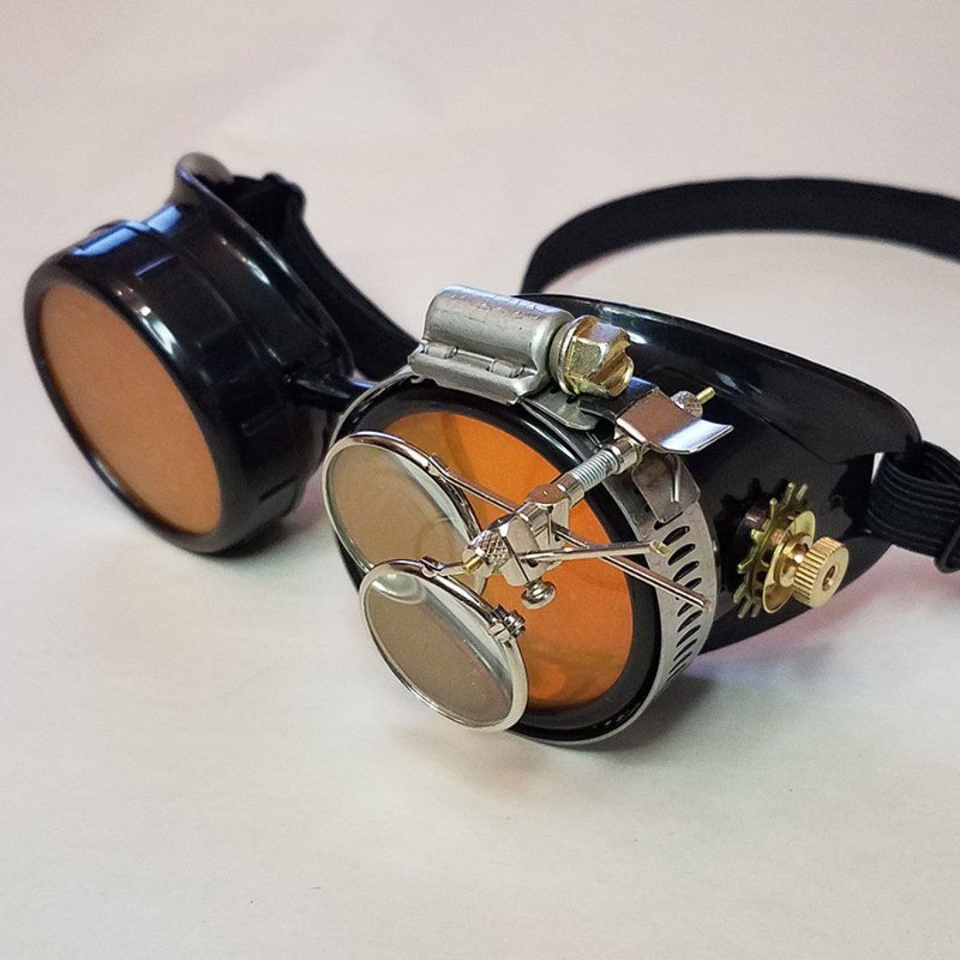 STEAMPUNK GOGGLES Black With Orange Lenses Brass Accents and Magnifying ...