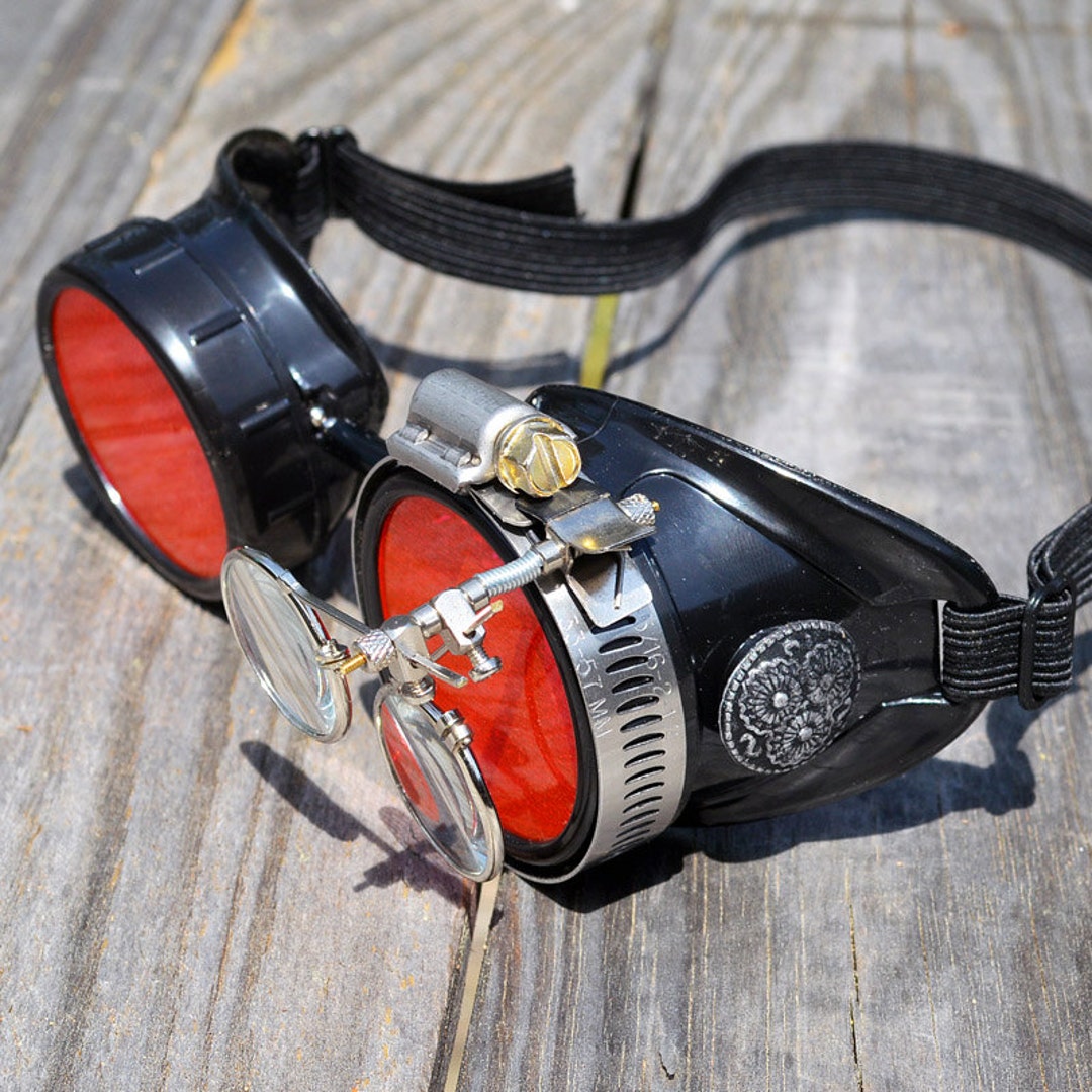 STEAMPUNK GOGGLES Black With Pink Lenses Silver Accents and Magnifying ...