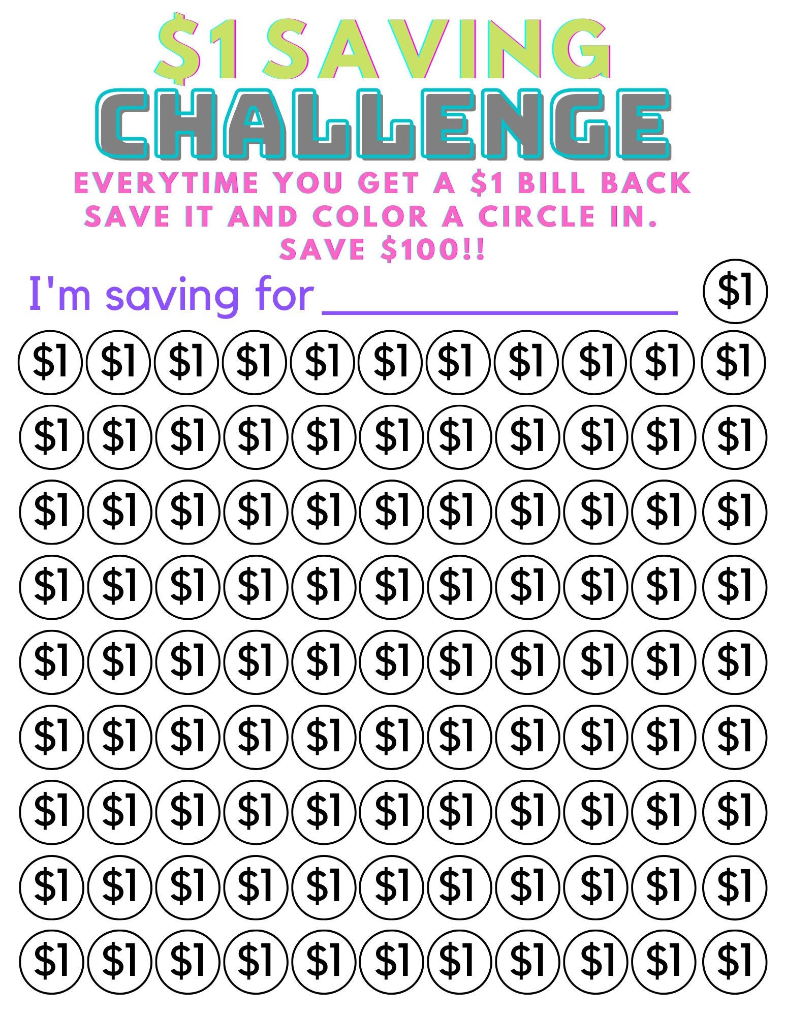 1 Dollar Saving Challenge - Etsy