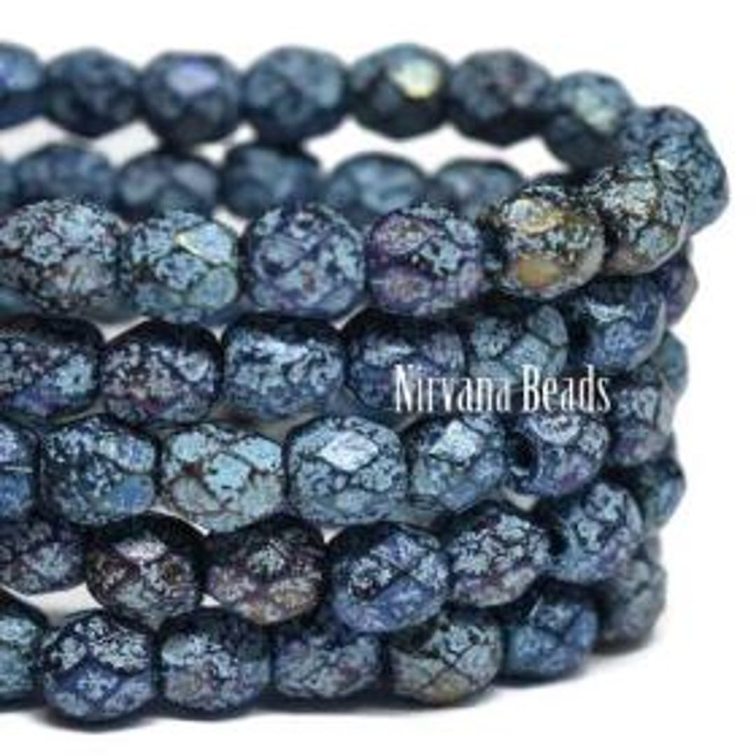 50 4mm Round Fire Polish Jet Black Etched Metallic With Turquoise Wash ...