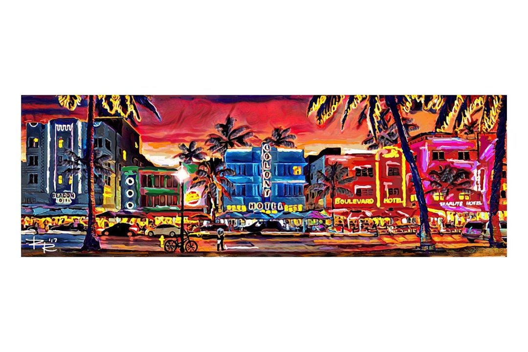 South Beach Art Print, Miami Art, Colorful Beach Painting 12x36" - Etsy