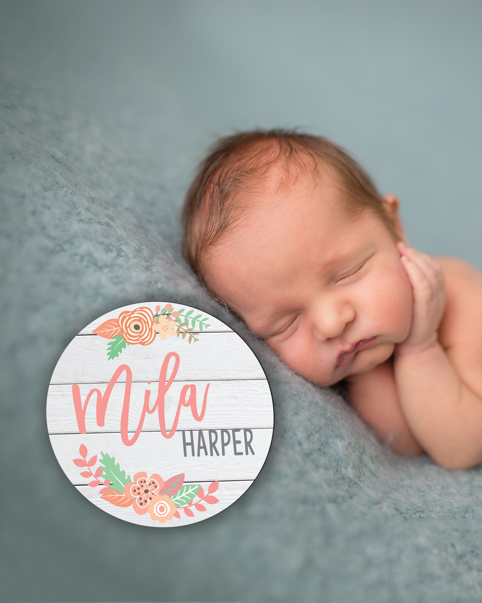 Baby Announcement Name Sign Wooden Circle, New Baby Name Card Wood ...