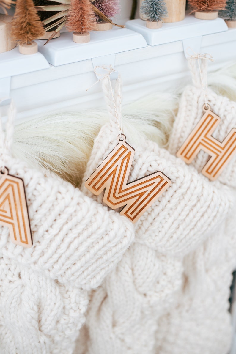 Christmas Stockings Name Tags Boho Contemporary Wood Letters for ...